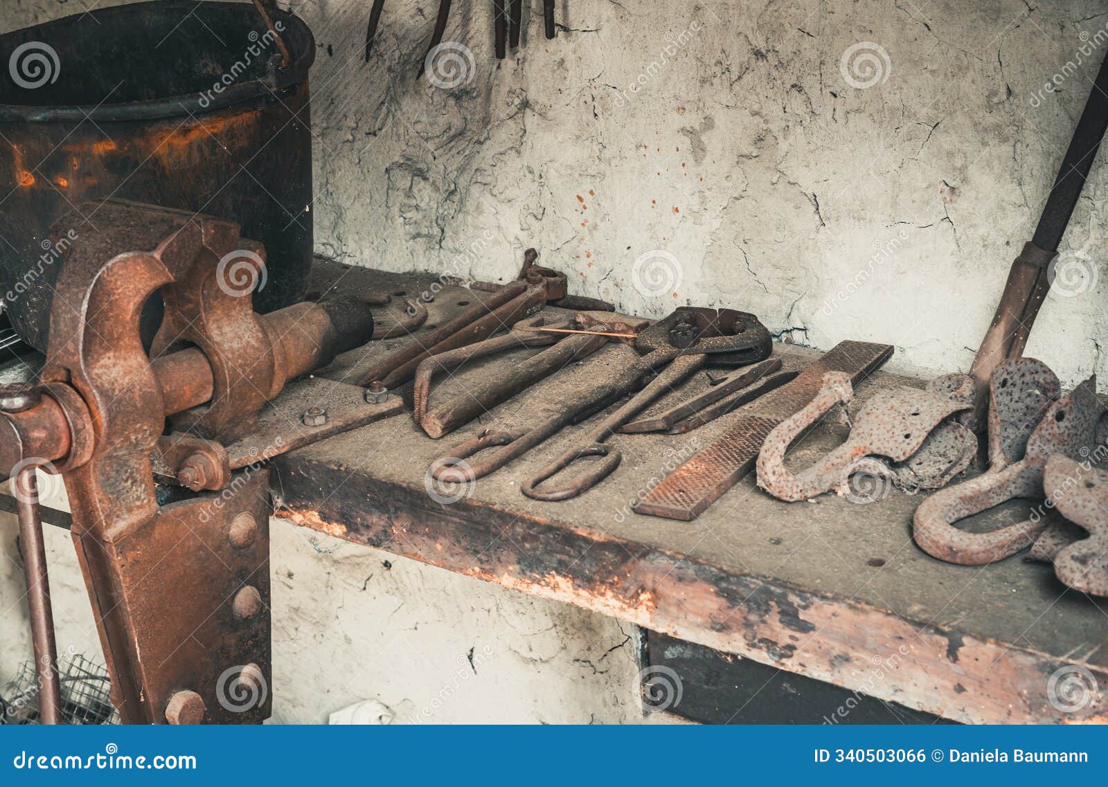 Old Rusty Tools on an Old Workbench Stock Photo - Image of table ...