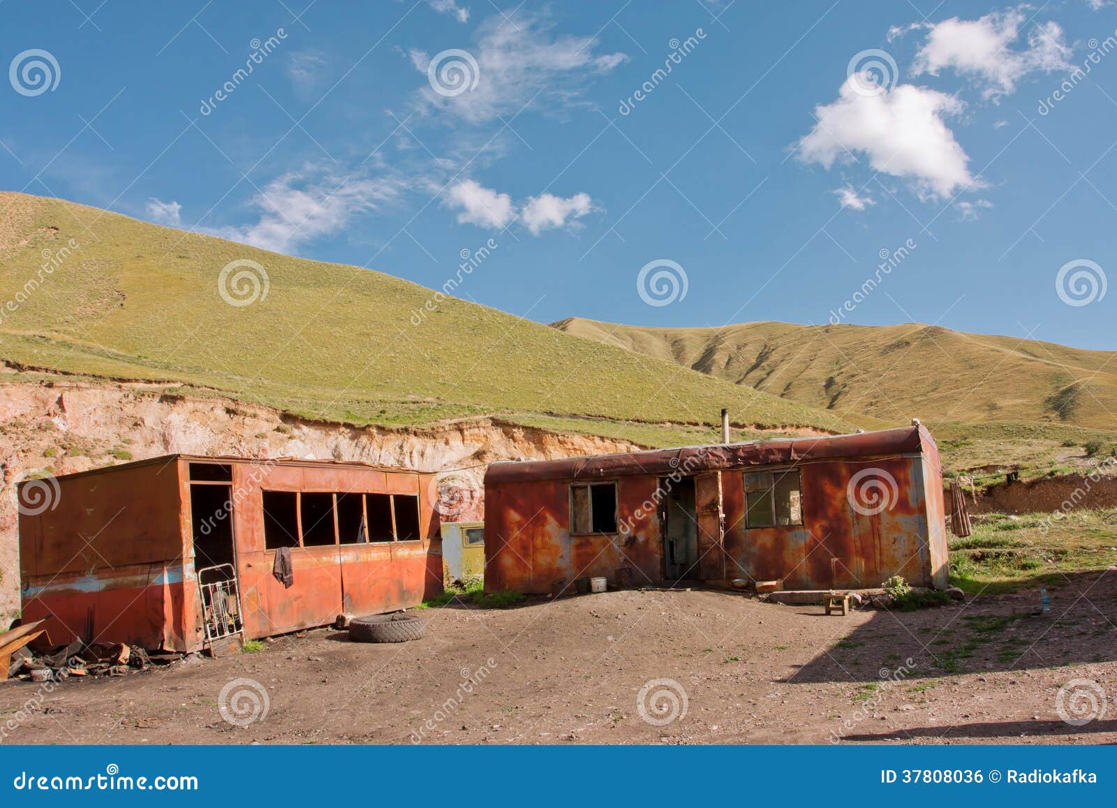 Old Rusty Trailers of Coal Mining Workers in the Mountains Stock Photo ...