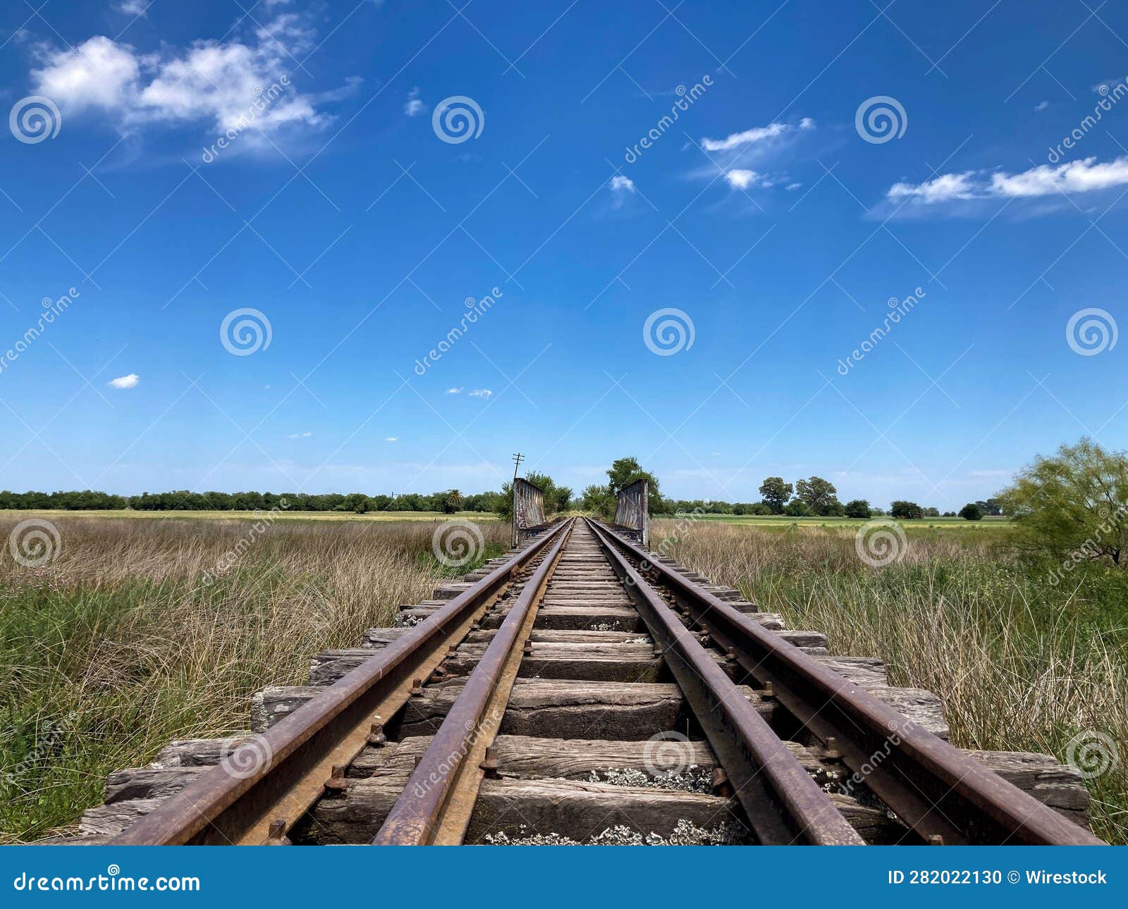 An Old, Rusty Train Track Running through a Grassy Field Stock Photo ...