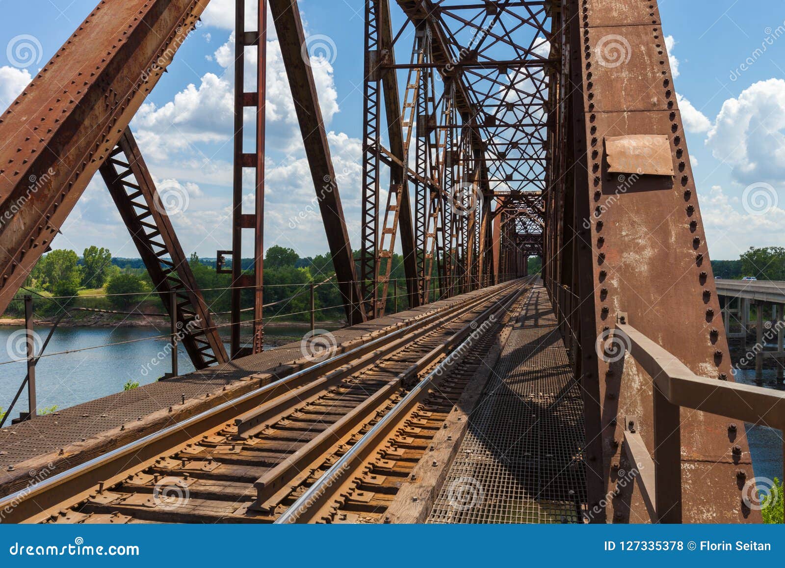 Old Rusty Truss Railroad Bridge Over the Red River on the Border Stock ...