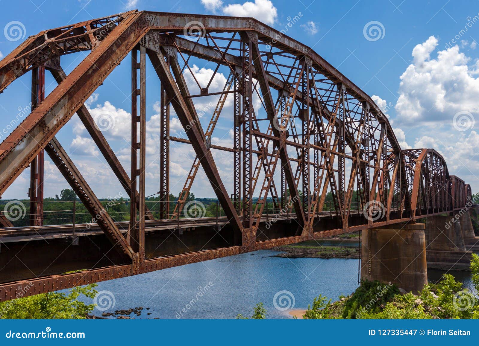 Old Rusty Truss Railroad Bridge Over the Red River on the Border Stock ...