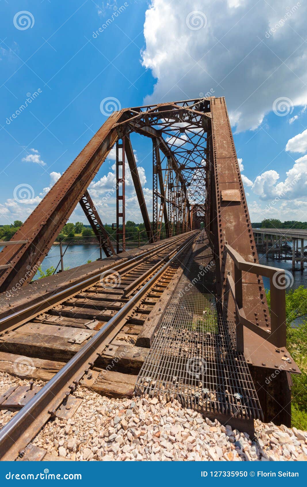Old Rusty Truss Railroad Bridge Over the Red River on the Border Stock ...