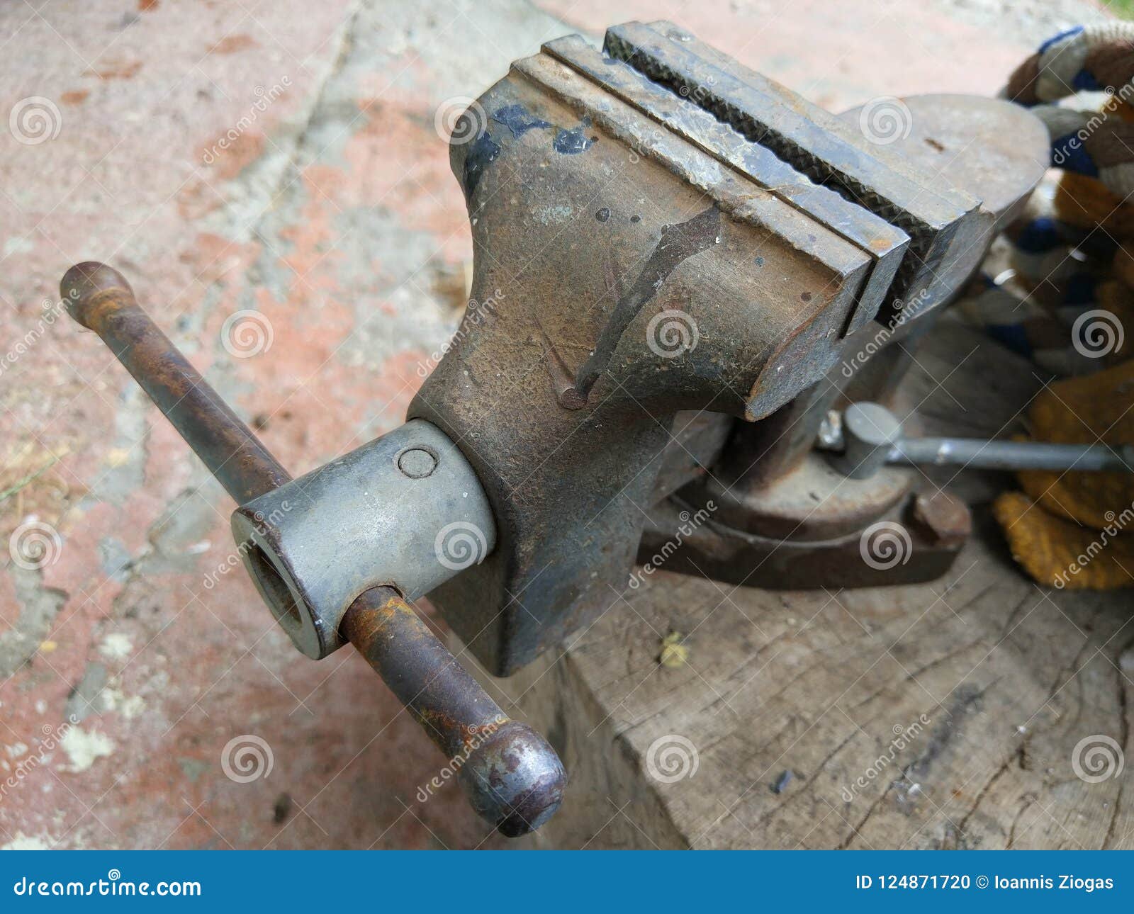 Old vice on wooden base stock photo. Image of dirty - 124871720