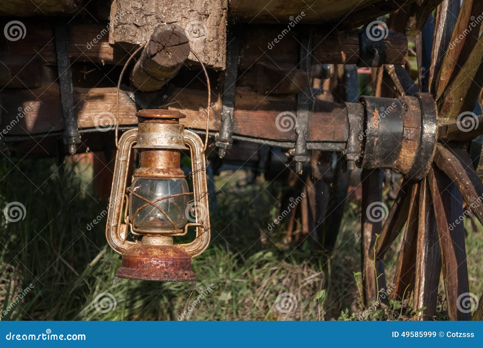 Old Rusty Vintage Oil Lantern Lamp Hanging on a Log Stock Image - Image ...