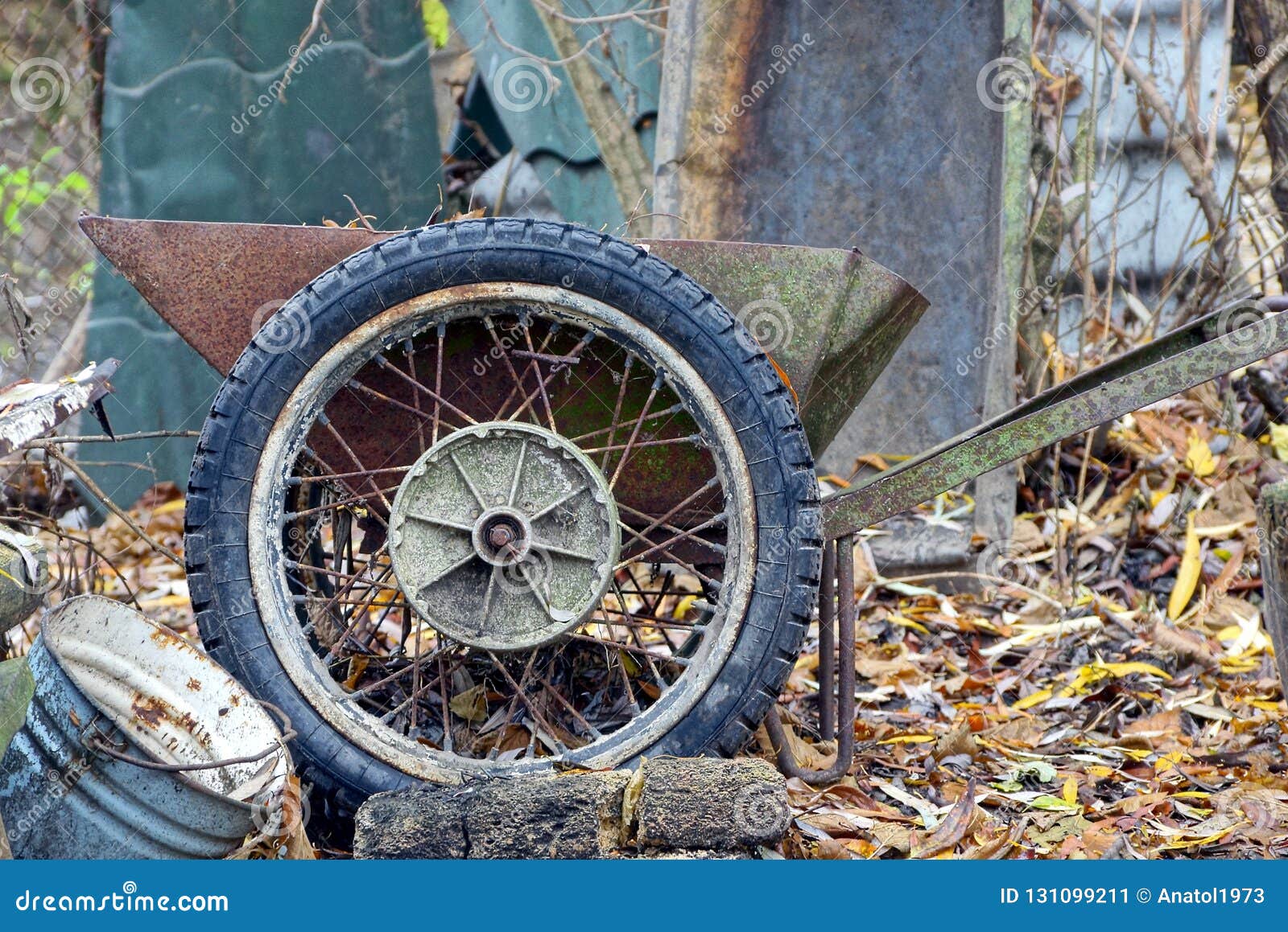 Old Rusty Wheelbarrow with a Big Wheel in the Yard Stock Image - Image ...