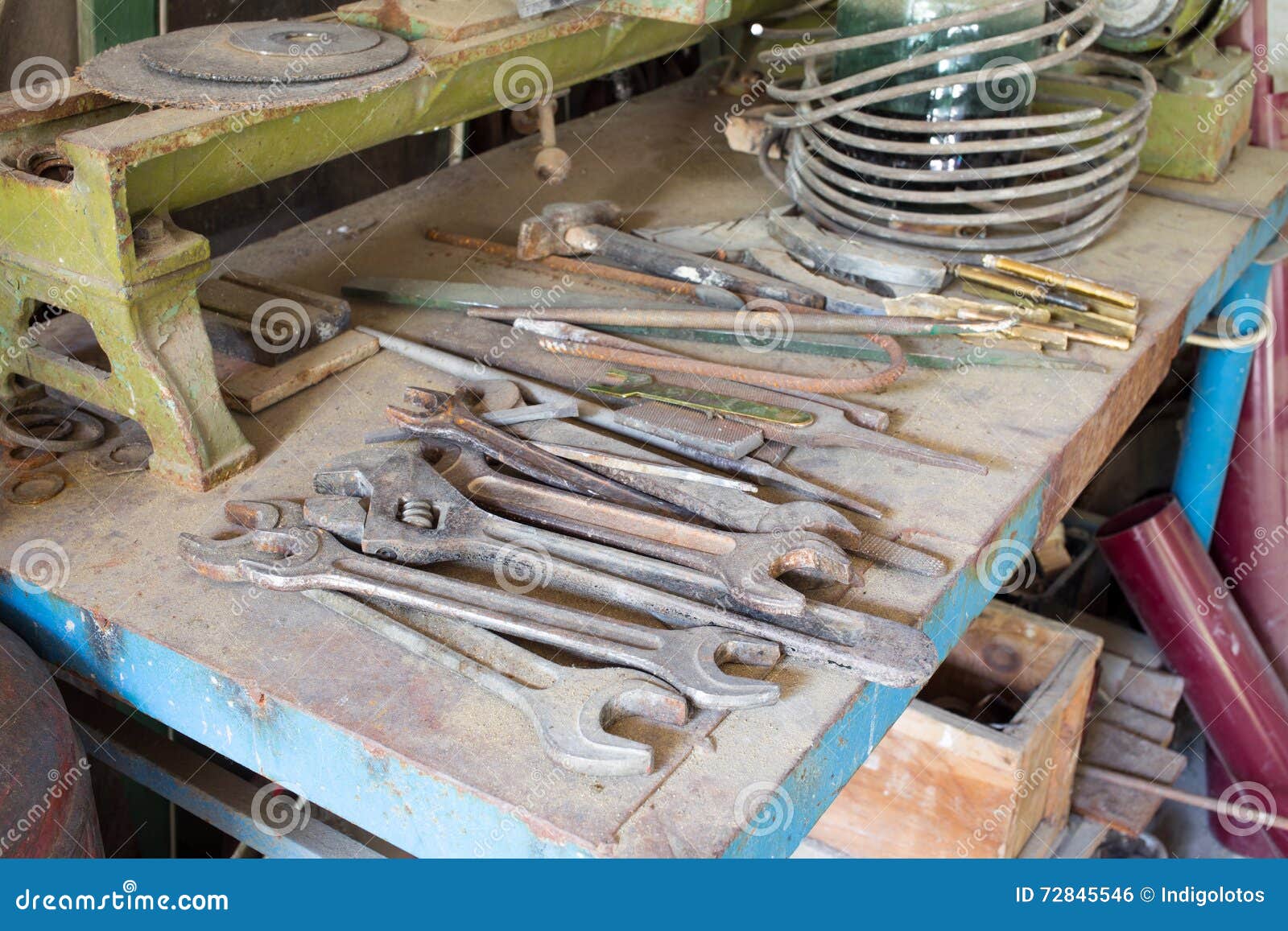 Old rusty work table. stock photo. Image of garage, tool - 72845546