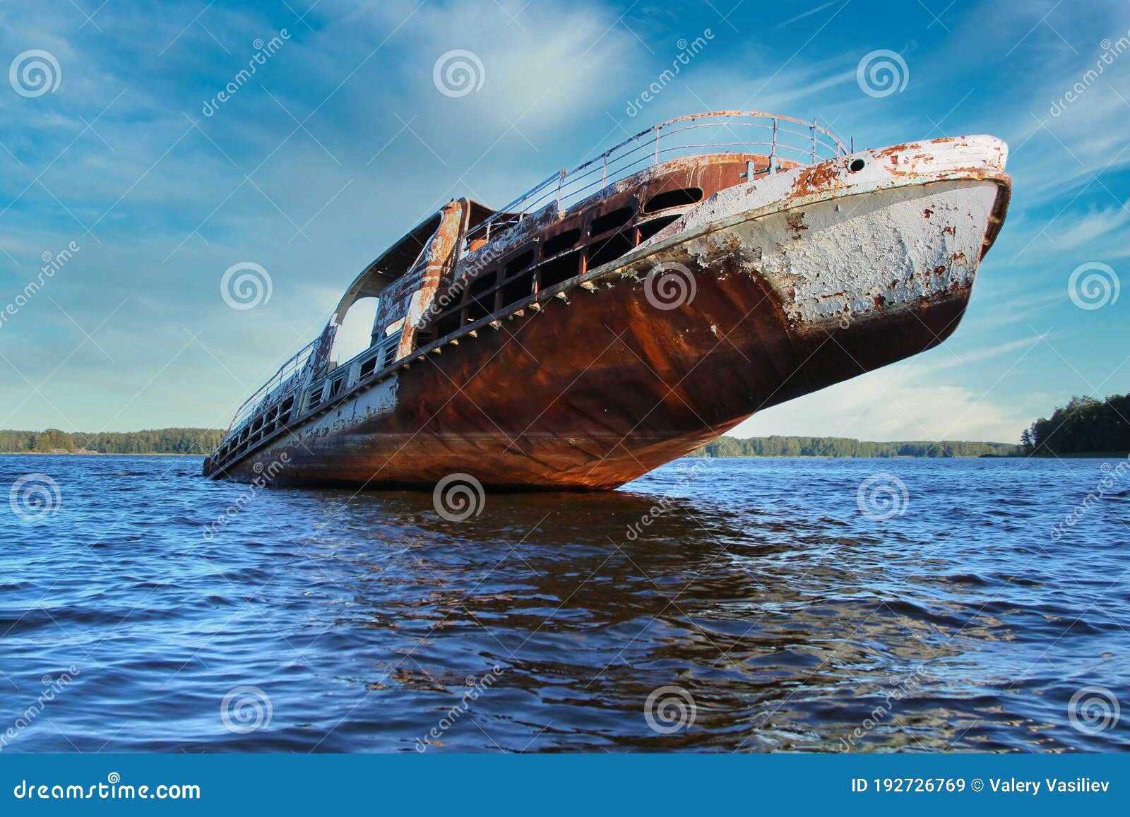 An Old Rusty Wrecked Ship is Sinking in a Lake. Passenger Ship Sinking ...