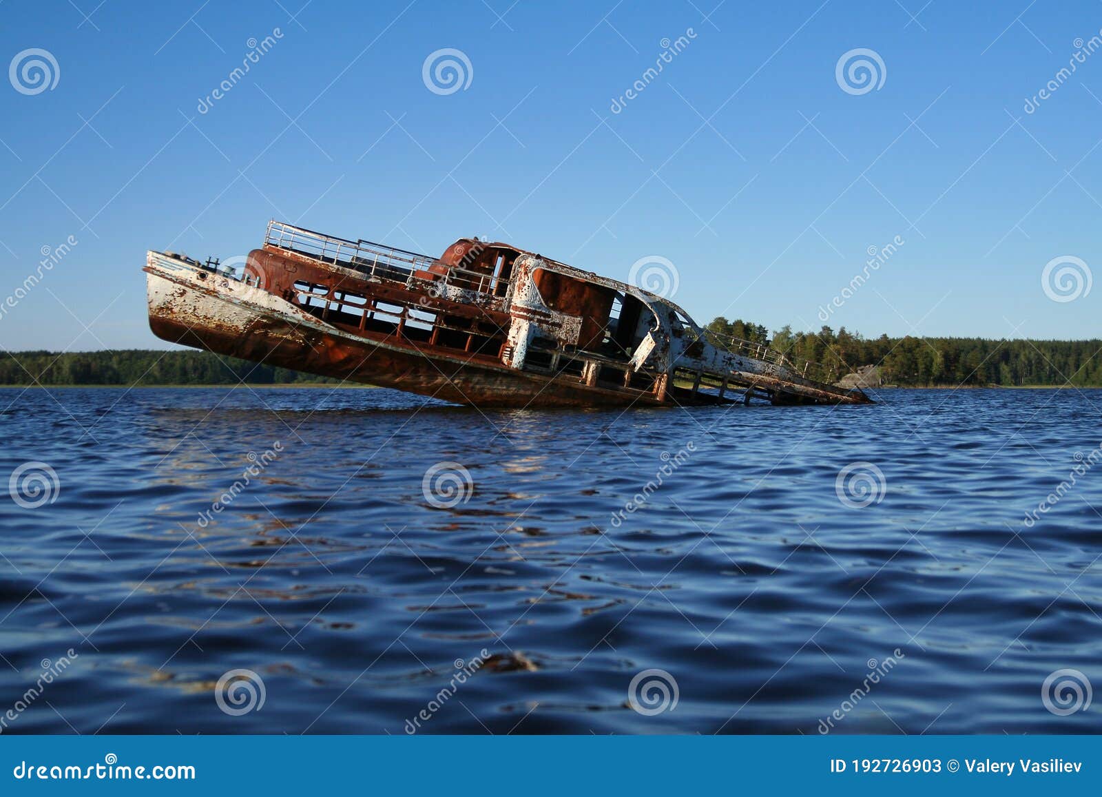 An Old Rusty Wrecked Ship is Sinking in a Lake. Passenger Ship Sinking ...