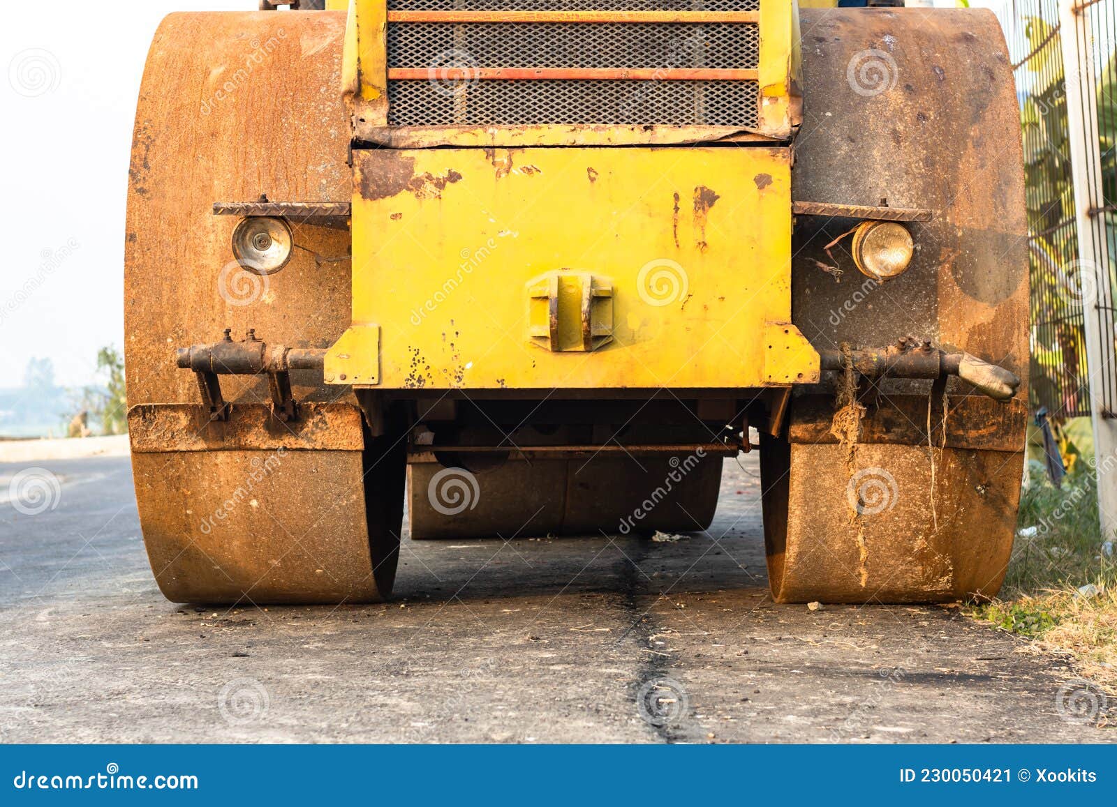 Old Rusty Yellow Road Roller Front Side Close View Stock Image - Image ...