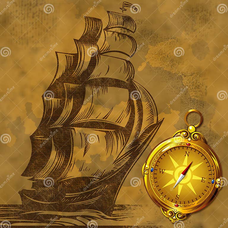 Old Sail Ship with Ancient Compass Stock Illustration - Illustration of ...