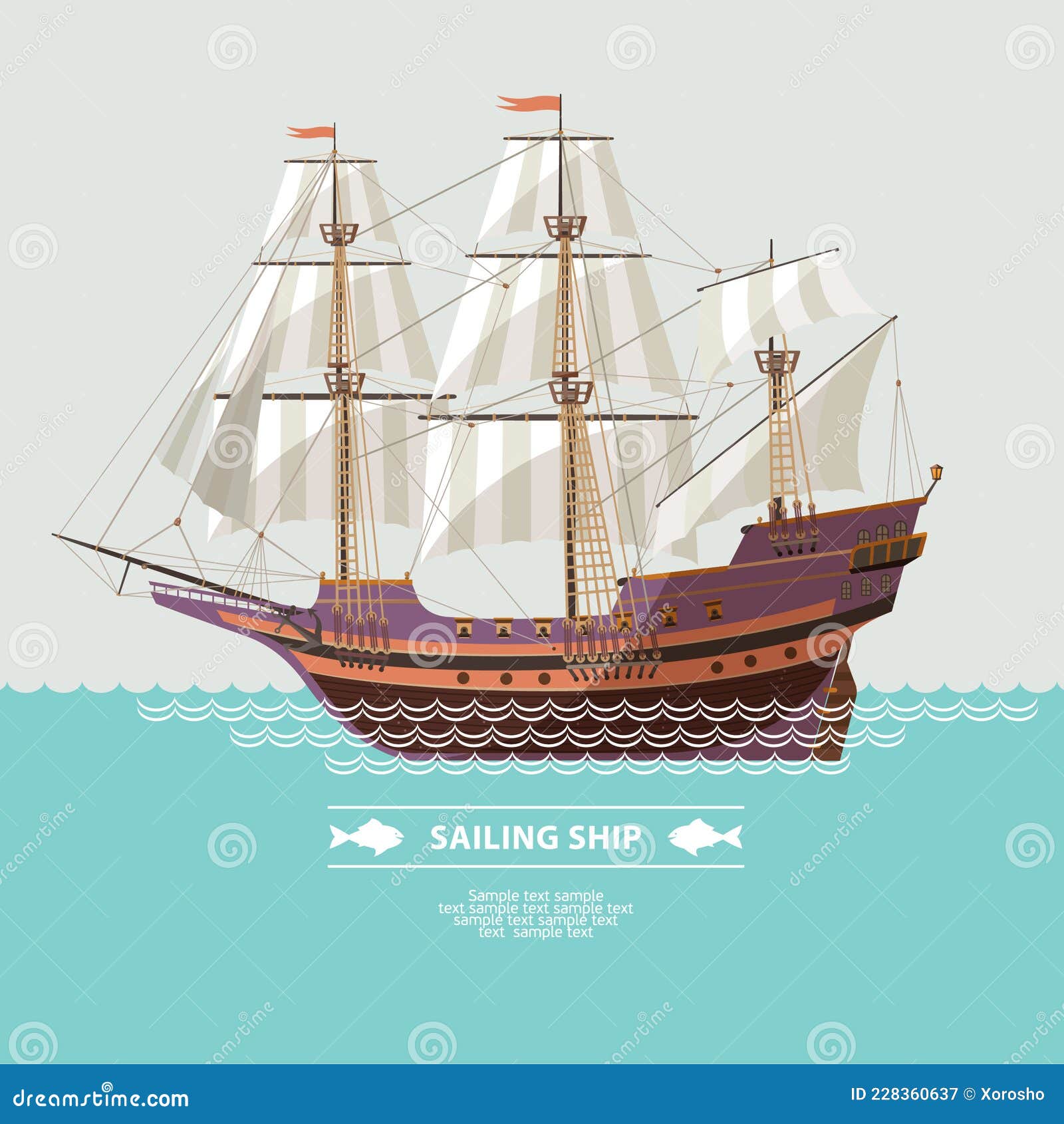 Old Sailing Ship. Flat Vector Illustration Stock Vector - Illustration ...