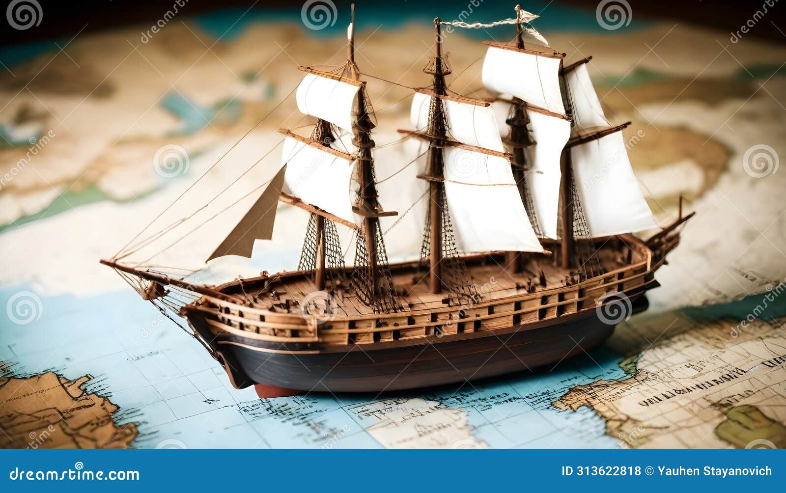 Old Sailing Ship Model on World Map Stock Illustration - Illustration ...