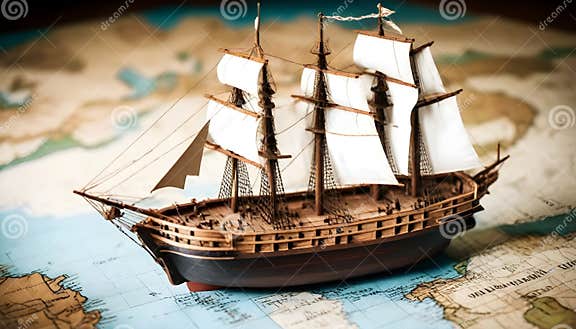 Old Sailing Ship Model on World Map Stock Illustration - Illustration ...