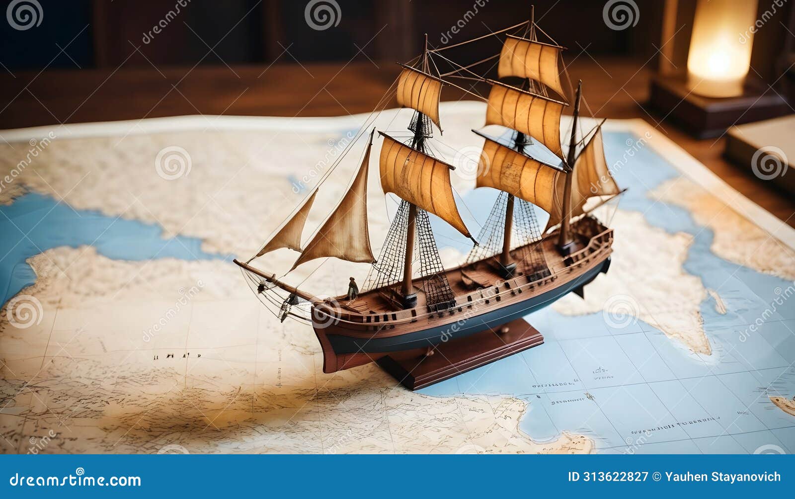 Old Sailing Ship Model on World Map Stock Illustration - Illustration ...