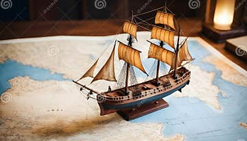 Old Sailing Ship Model on World Map Stock Illustration - Illustration ...