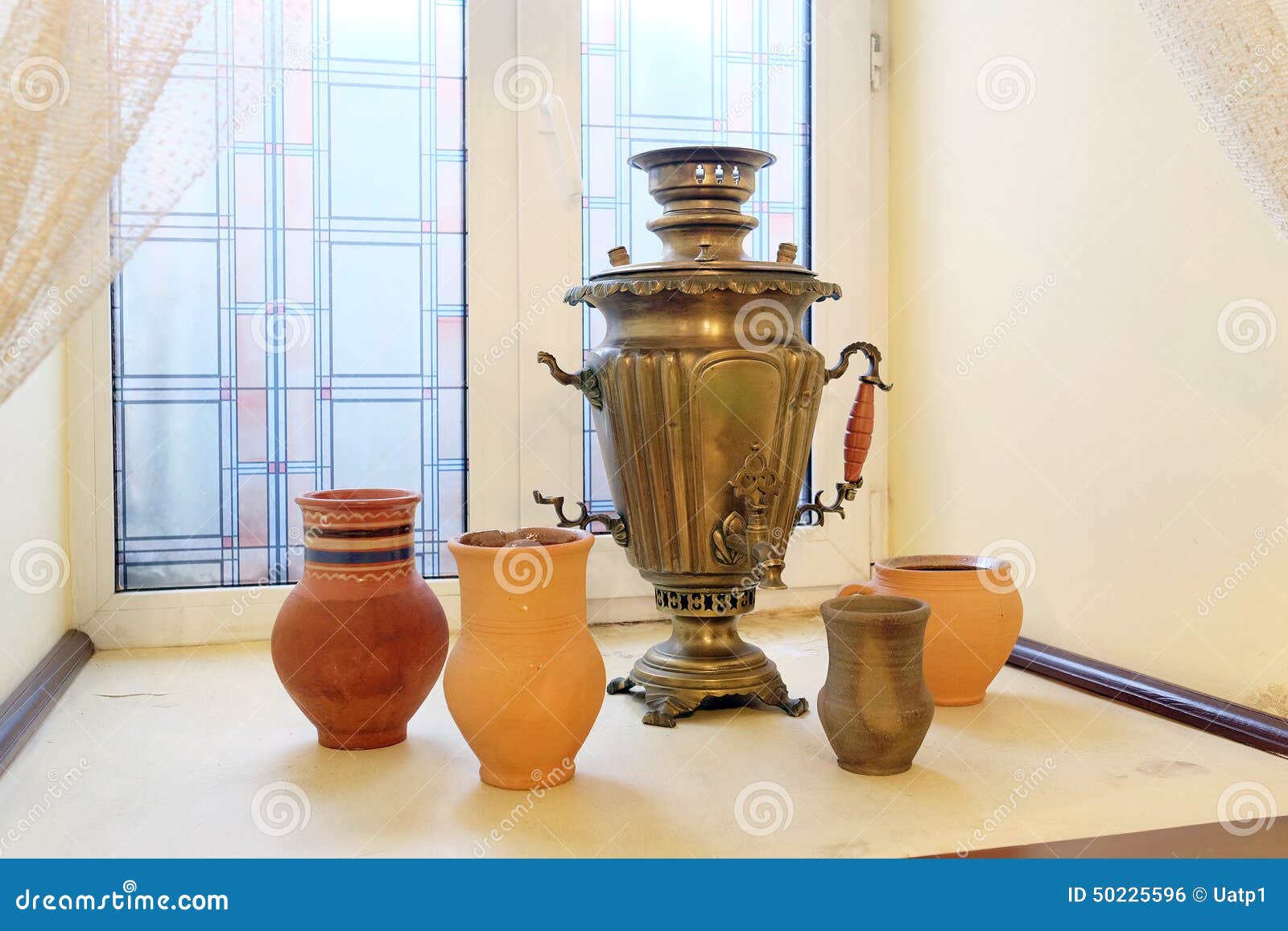Old Samovar and Ceramic Jugs Stock Photo - Image of curtains, dishes ...