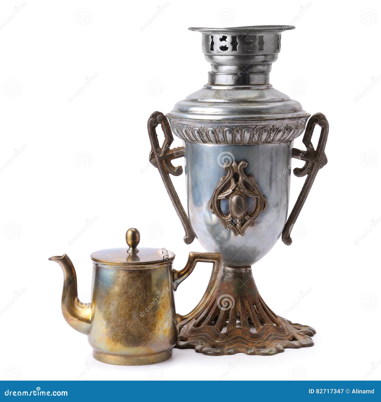 Old Samovar and Teapot Isolated on White Stock Image - Image of ...