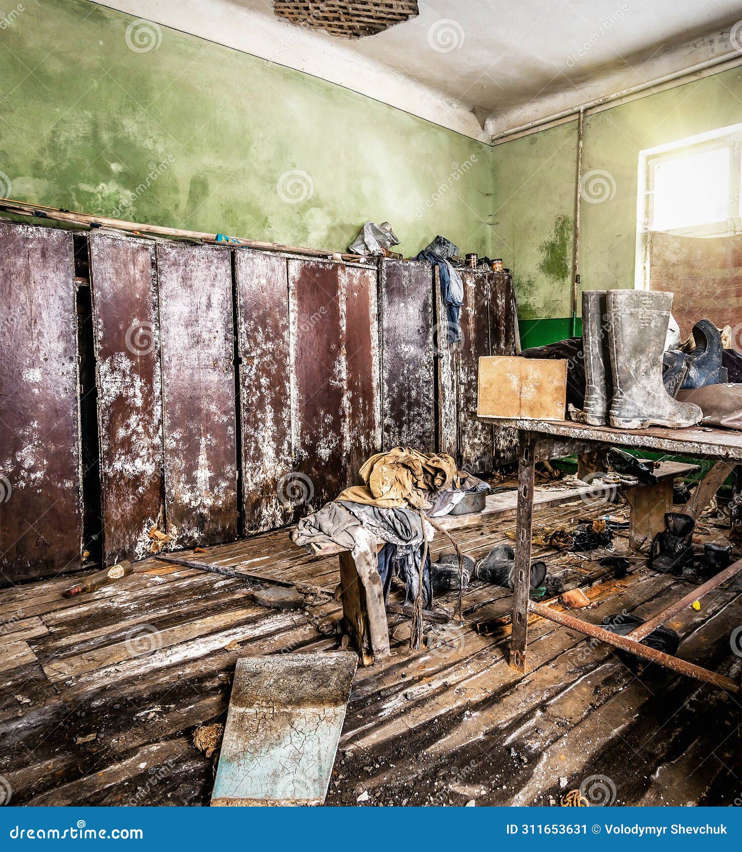 Old Scattered Working Clothes in Abandoned Molded Room Stock Image ...