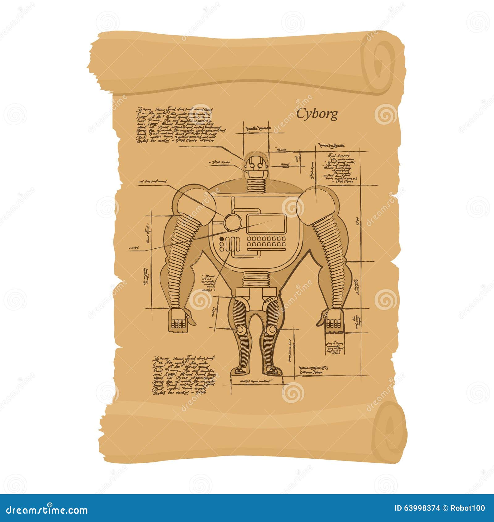 Old Scheme Of Cyborg. Ancient Scroll Of Human Scheme Of Robot. Vector ...