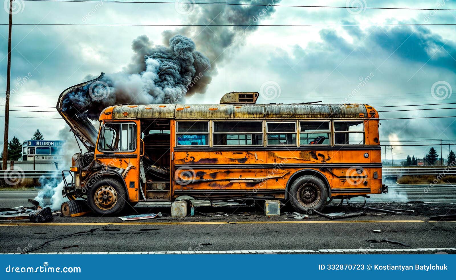 Old School Bus with Lot of Smoke Coming Out of the Back. AI. Stock ...