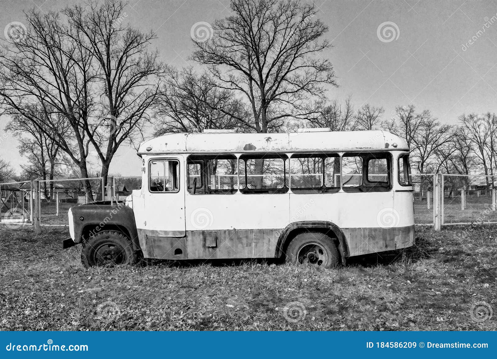 Old School Bus in Yard in Village at Spring Stock Image - Image of ...