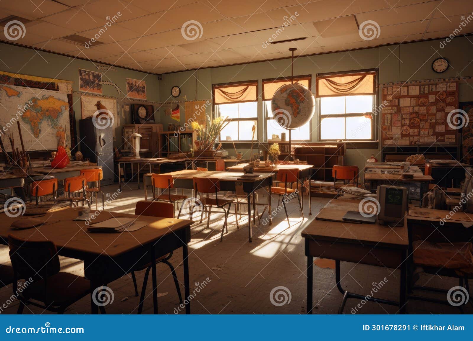 Old School Classroom with Tables, Chairs and Other Objects in it, a ...