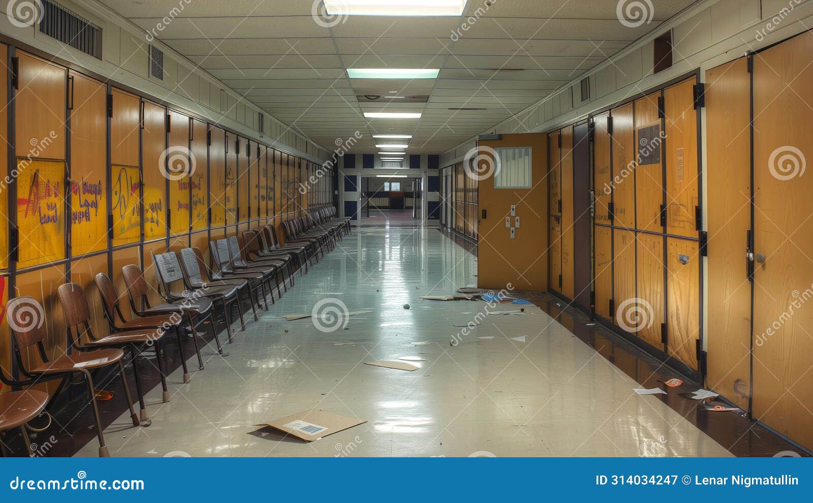 Old School Corridor with Garbage and Graffiti after Shooting Stock ...