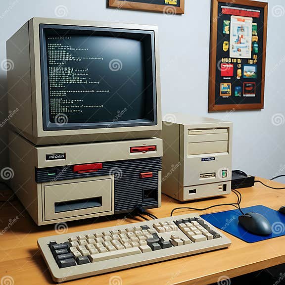 Old-School Desktop Computer Setup with Pixelated Screens, Floppy Disks ...