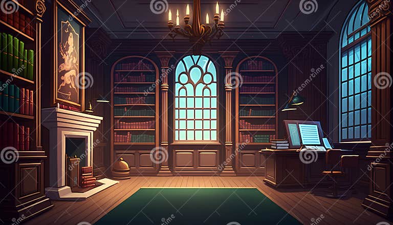 Old School Library Interior with Bookshelf, Computer and Table. 3d ...