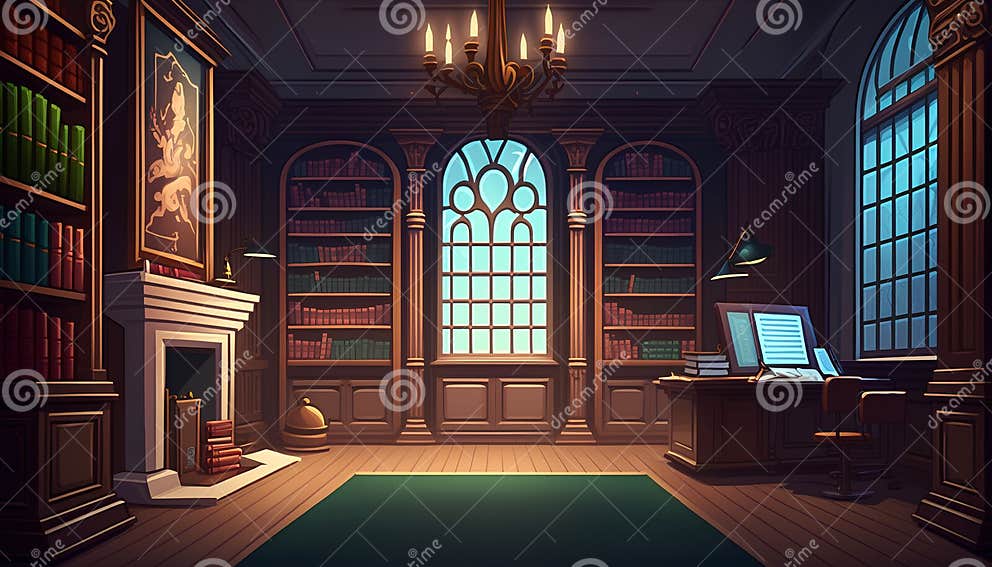 Old School Library Interior with Bookshelf, Computer and Table. 3d ...