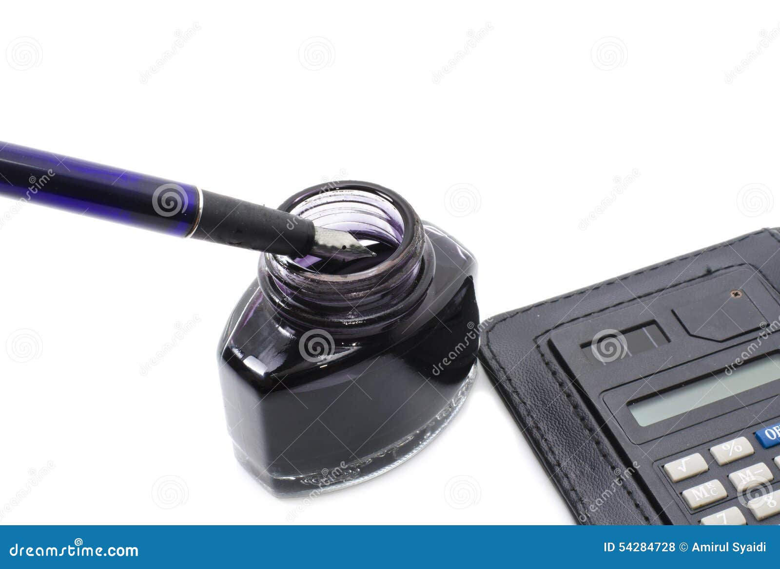 Old School Pen with Calculator and Ink in the Bottle Stock Photo ...