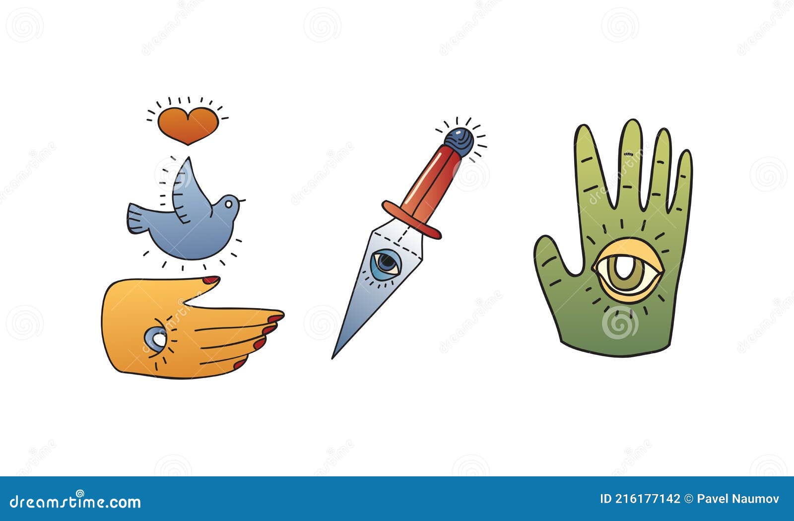 Old School Tattoo Elements and Symbols with Dagger and Hand with Eye ...