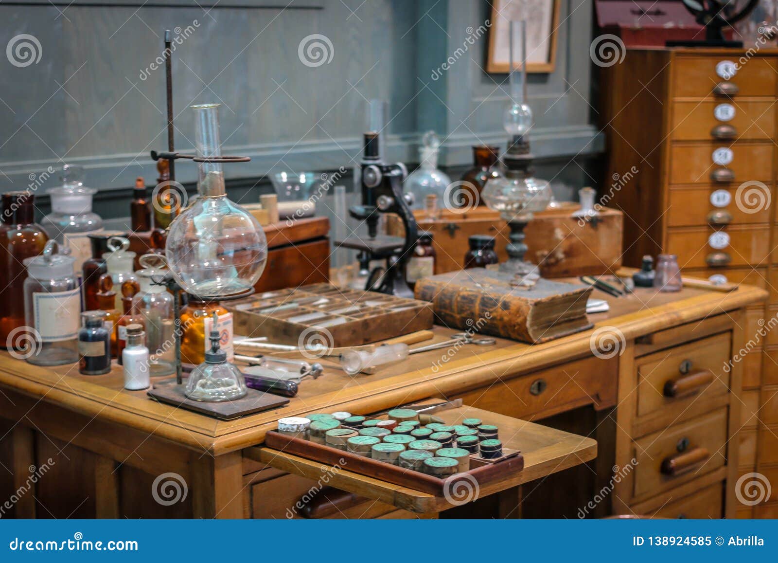 Old Science Lab with Chemical Reagents and Burner Stock Image - Image ...