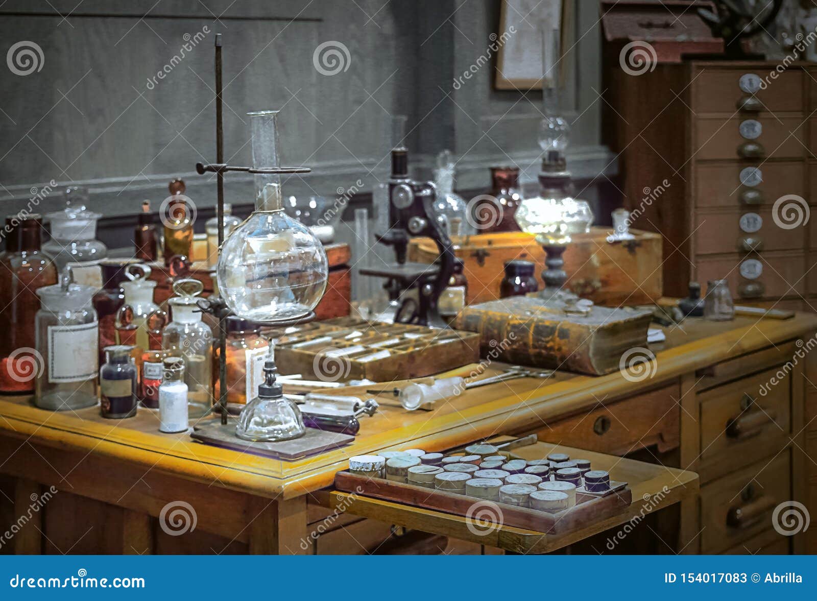 Old Science Lab with Chemical Reagents and Burner Stock Image - Image ...