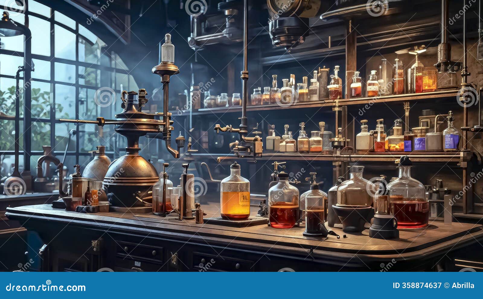 Old Science Lab with Chemical Reagents and Burner Stock Image - Image ...