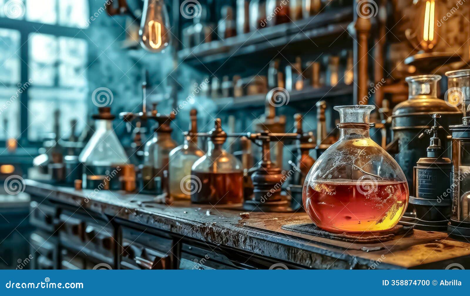 Old Science Lab with Chemical Reagents and Burner Stock Photo - Image ...