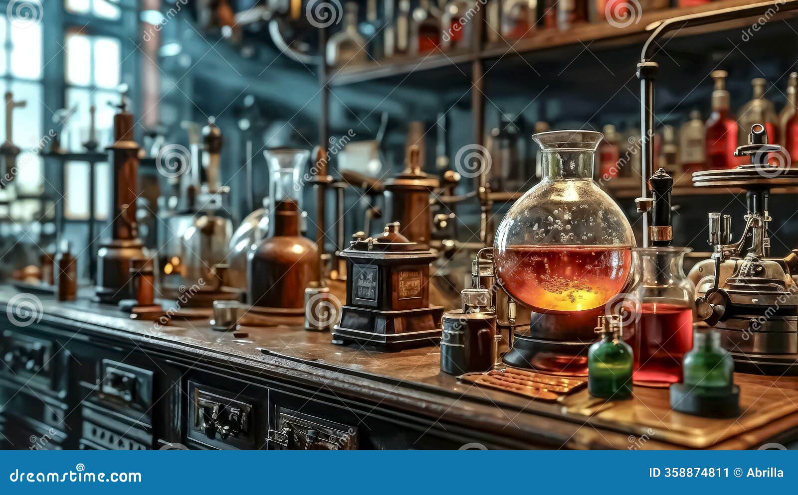 Old Science Lab with Chemical Reagents and Burner Stock Image - Image ...