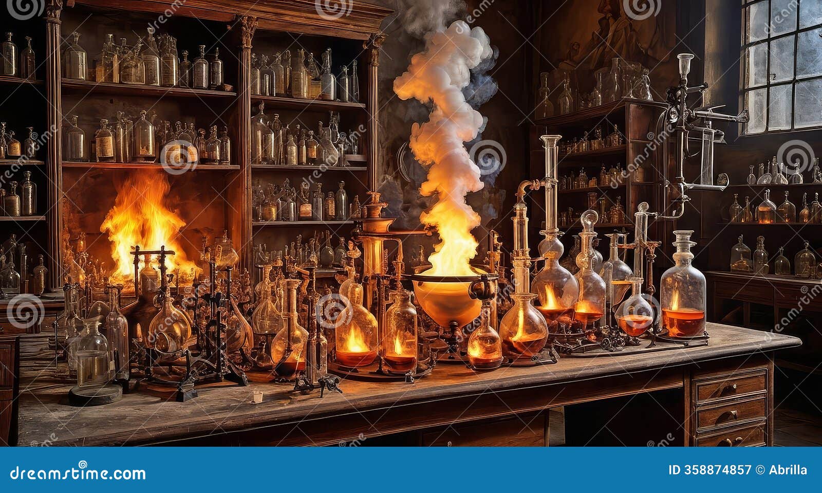 Old Science Lab with Chemical Reagents and Burner Stock Image - Image ...