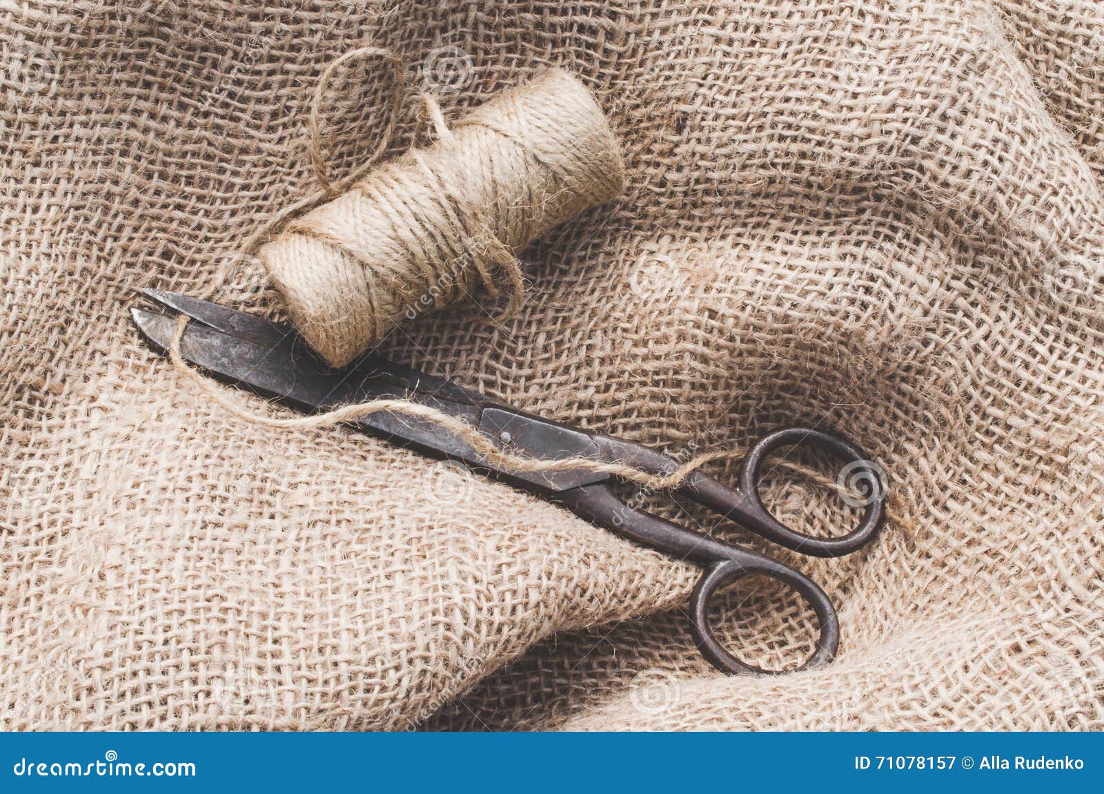 Old Scissors and Skein Jute Twine on a Burlap. Stock Image - Image of ...