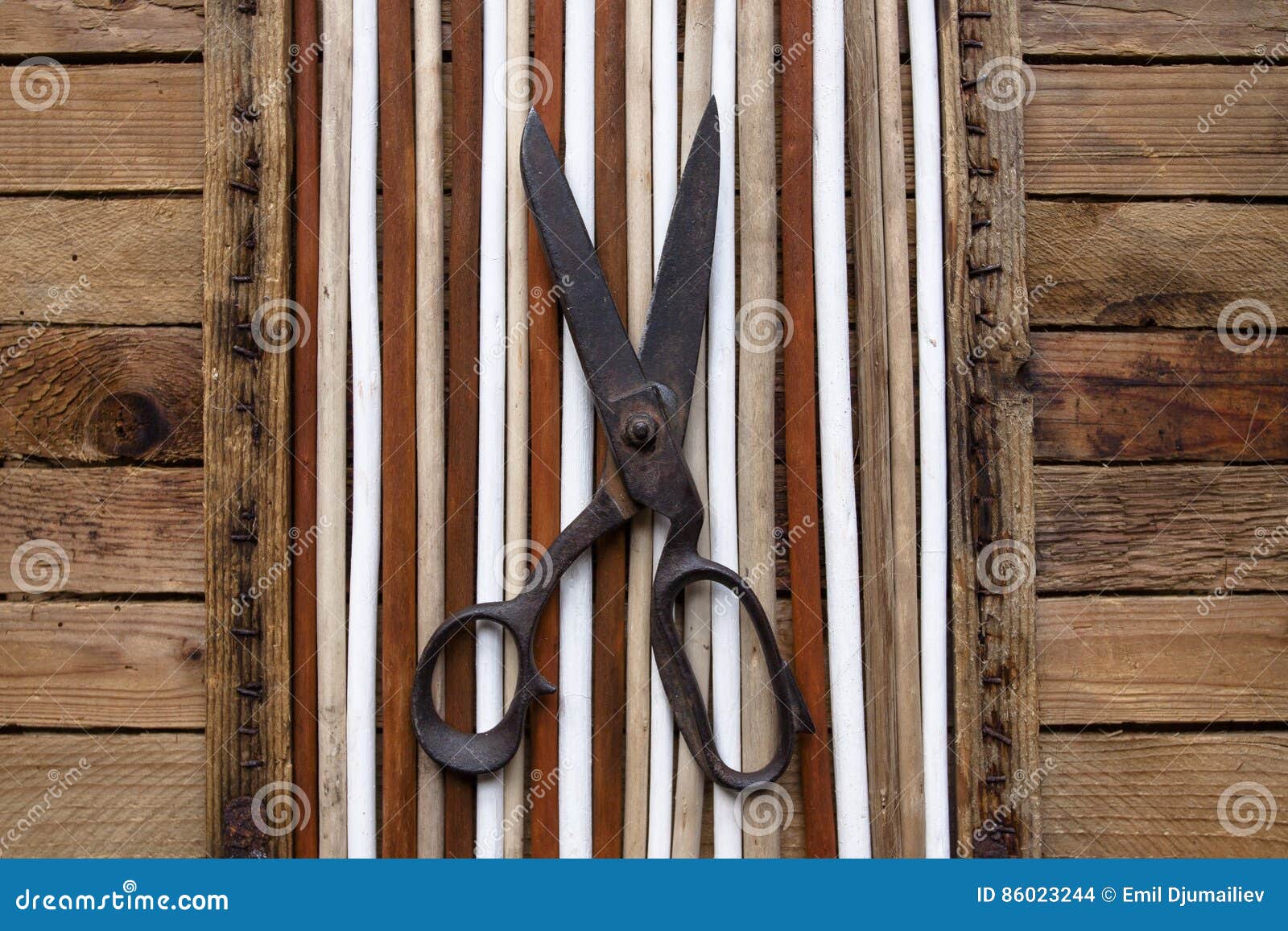 Old Scissors on Wooden Background Stock Photo - Image of spool ...