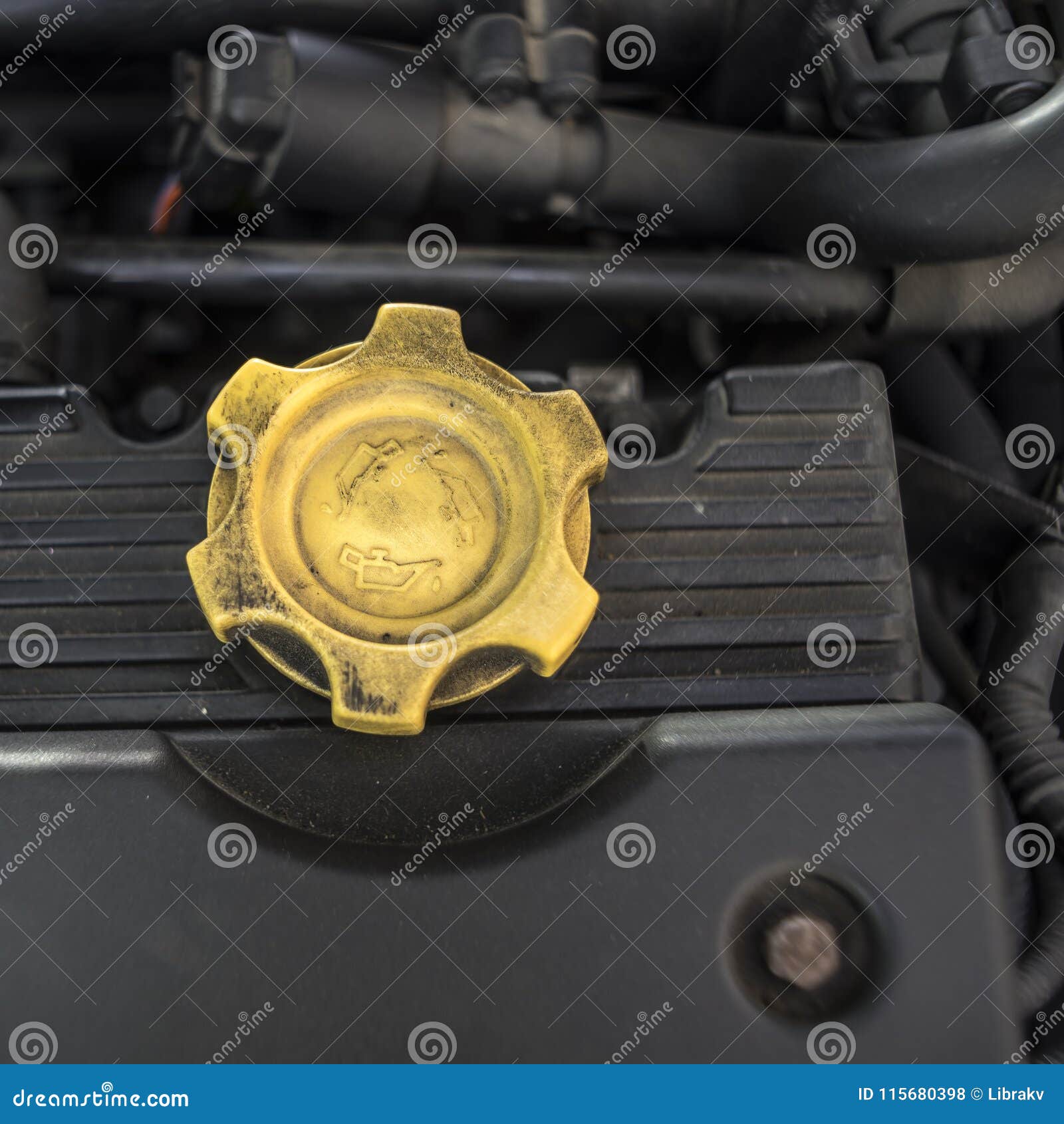 Old cap of oil in engine stock photo. Image of detail - 115680398