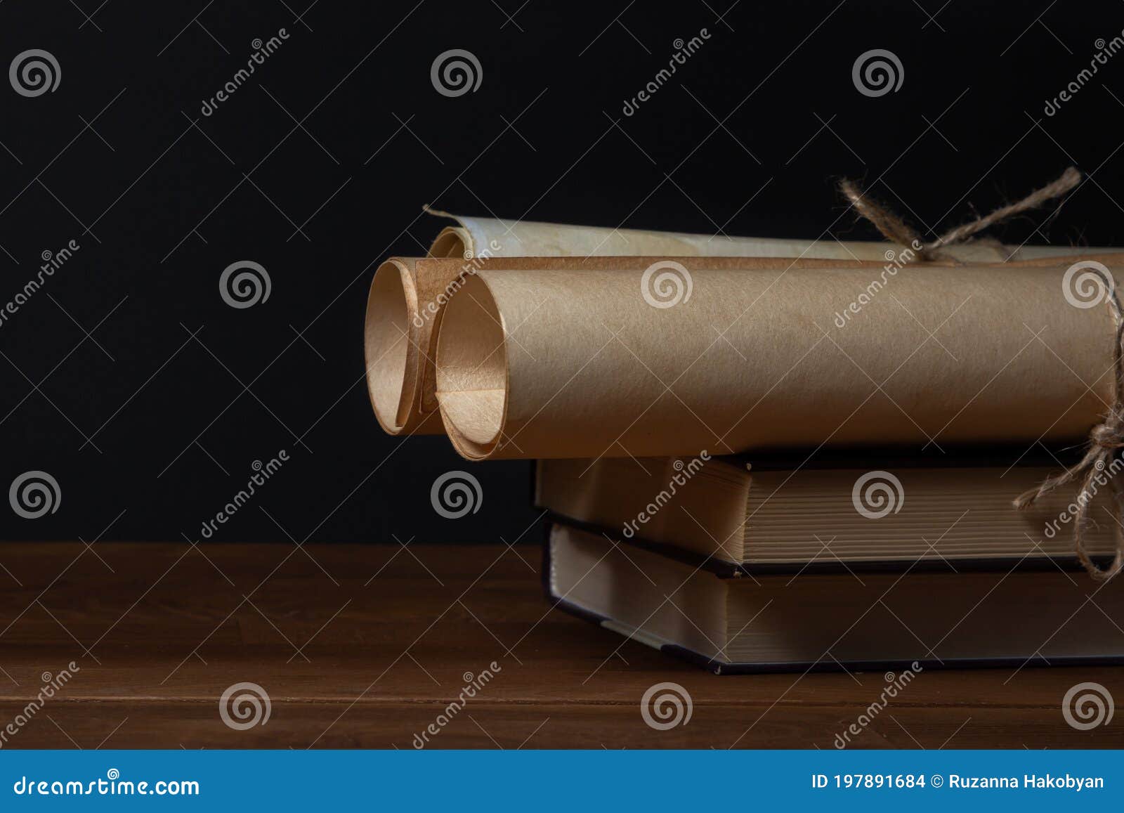 Old Scrolls and Books on a Black Background. Stock Photo - Image of ...