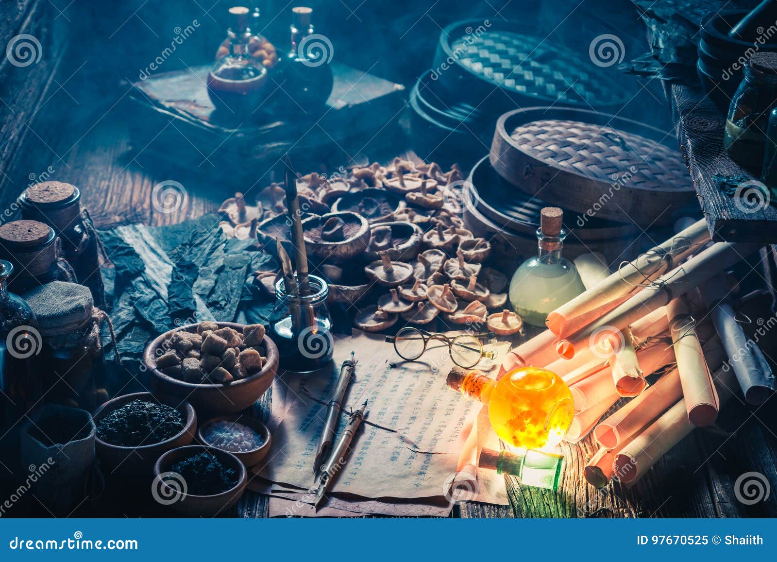 Old Scrolls and Recipe in Vintage Alchemist Laboratory Stock Image ...