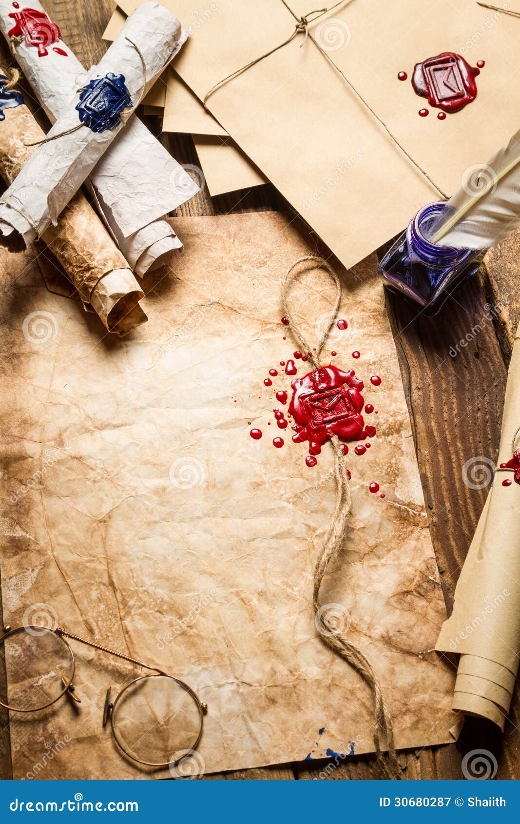 Old Scrolls, Sealing Wax, Old Envelope and Blue Ink Stock Image - Image ...