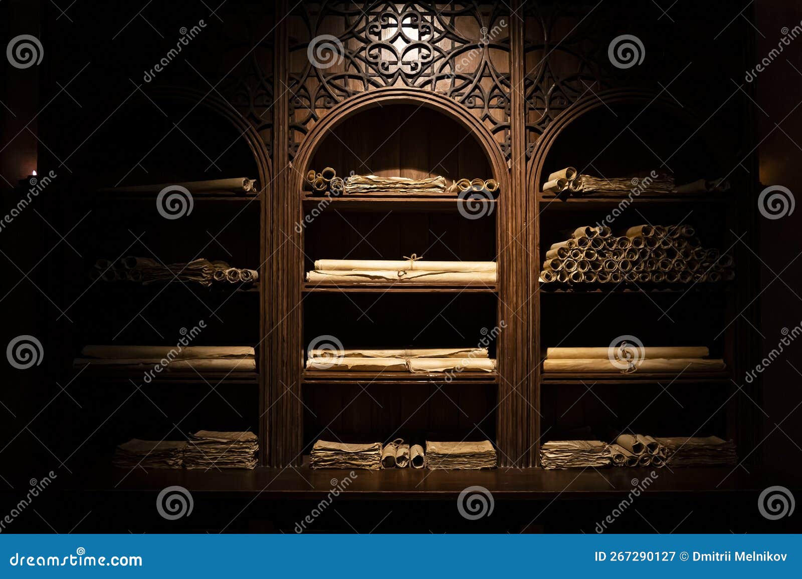 Old Scrolls on Shelves at Night in Dark. Stock Image - Image of page ...