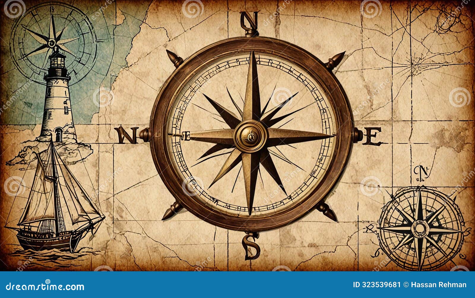 Old Sea Compass, Lighthouse and Sea Knot on Abstract Map Background ...