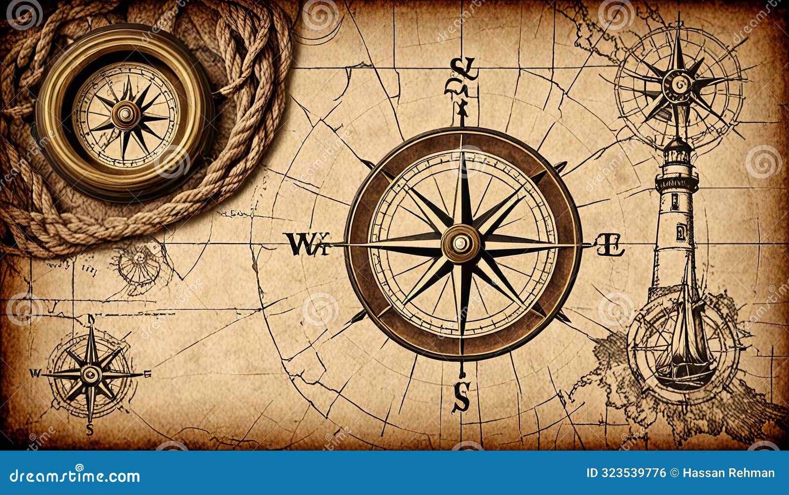 Old Sea Compass, Lighthouse and Sea Knot on Abstract Map Background ...