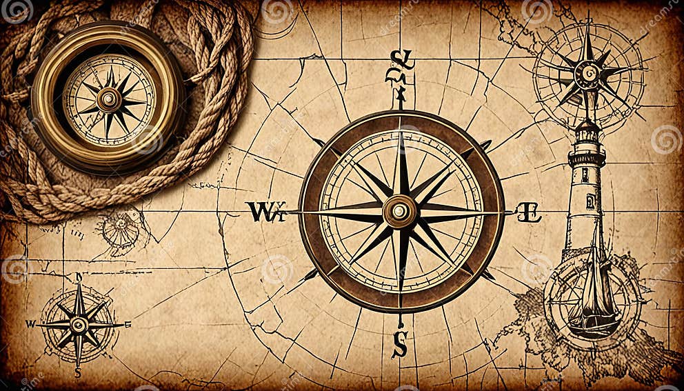 Old Sea Compass, Lighthouse and Sea Knot on Abstract Map Background ...