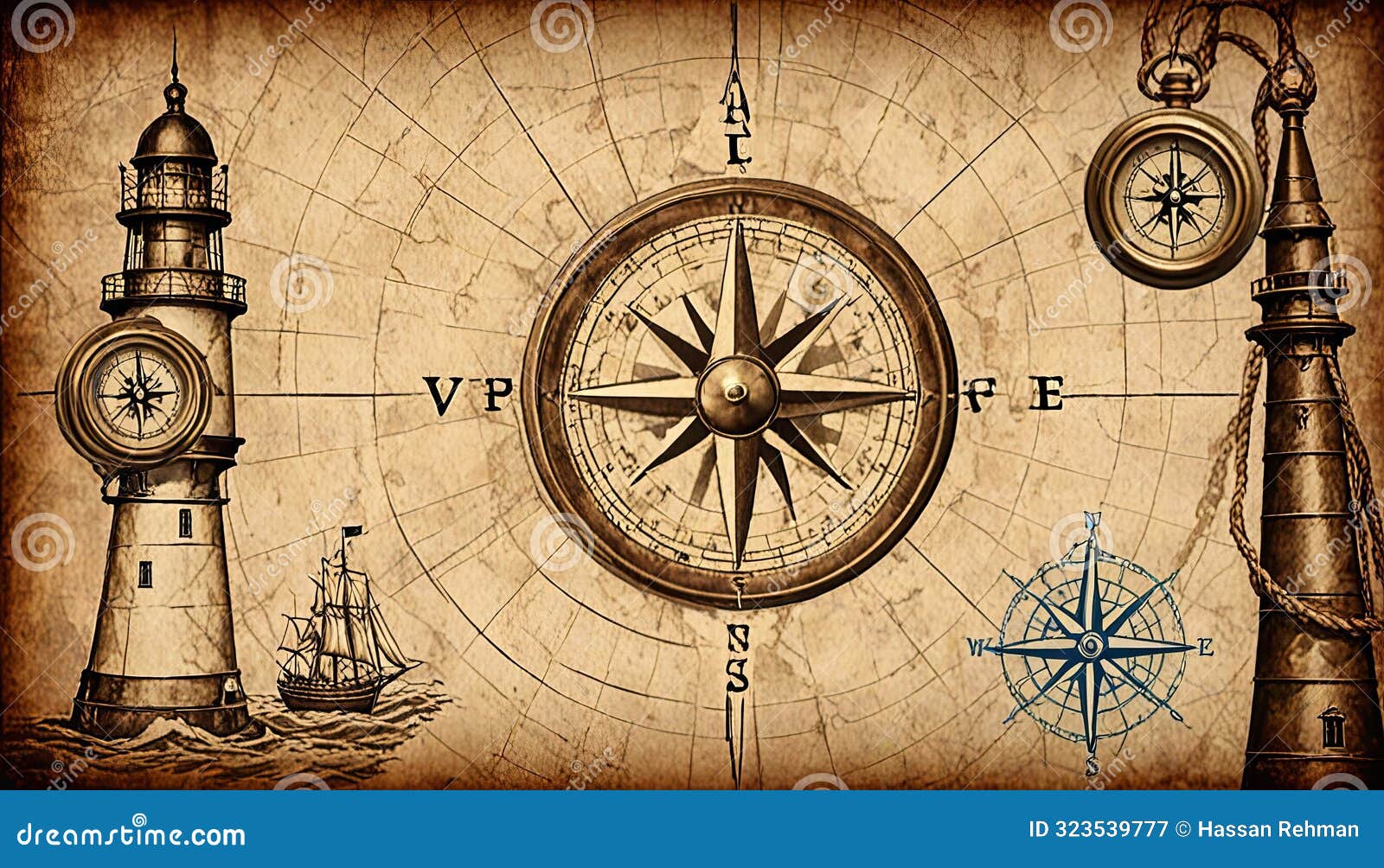 Old Sea Compass, Lighthouse and Sea Knot on Abstract Map Background ...