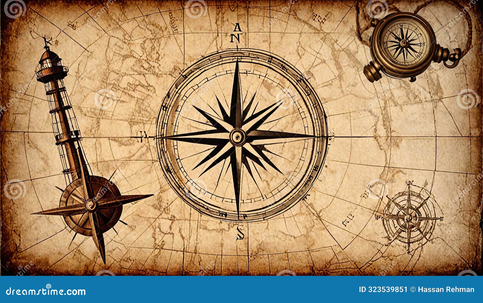 Old Sea Compass, Lighthouse and Sea Knot on Abstract Map Background ...